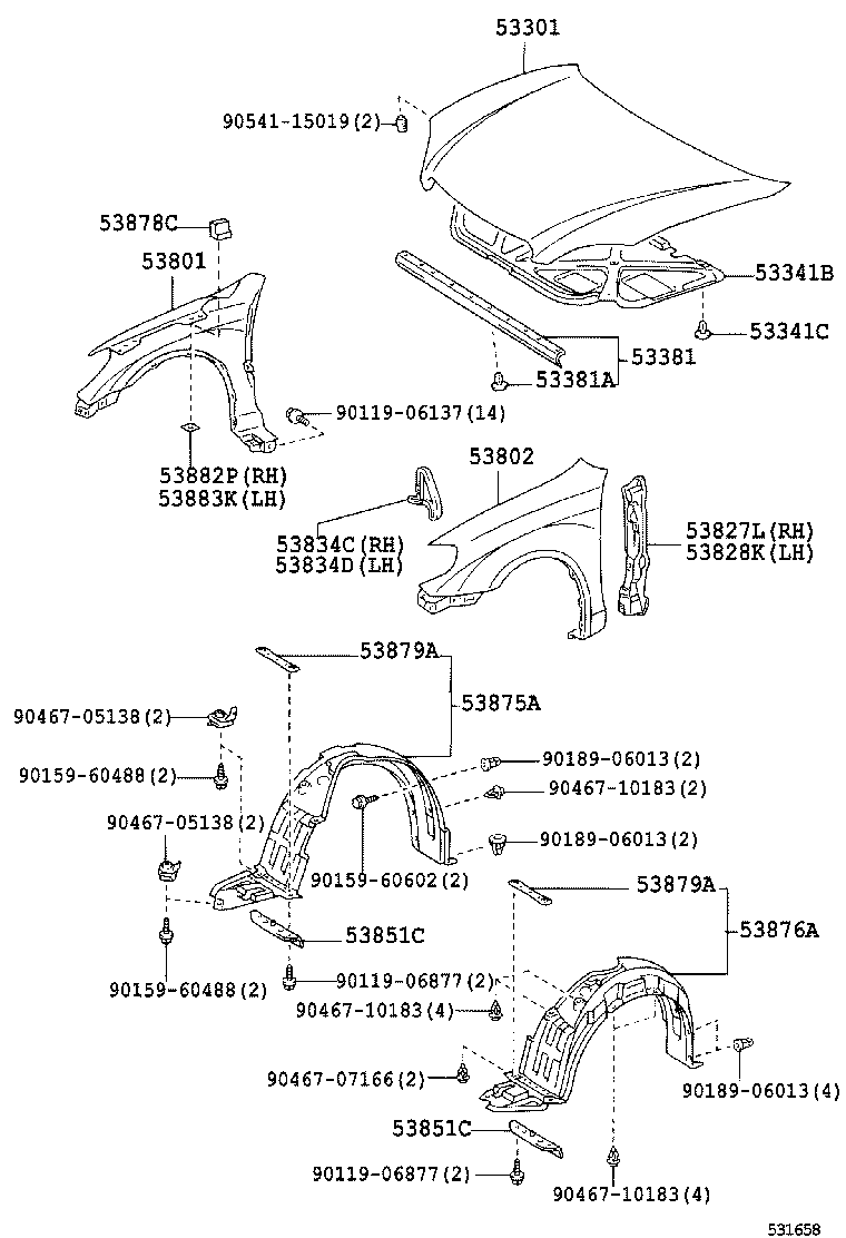 TOYOTA COROLLA SED JPPZZE130L-AEPDKA - BODY - HOOD FRONT FENDER | Japan ...